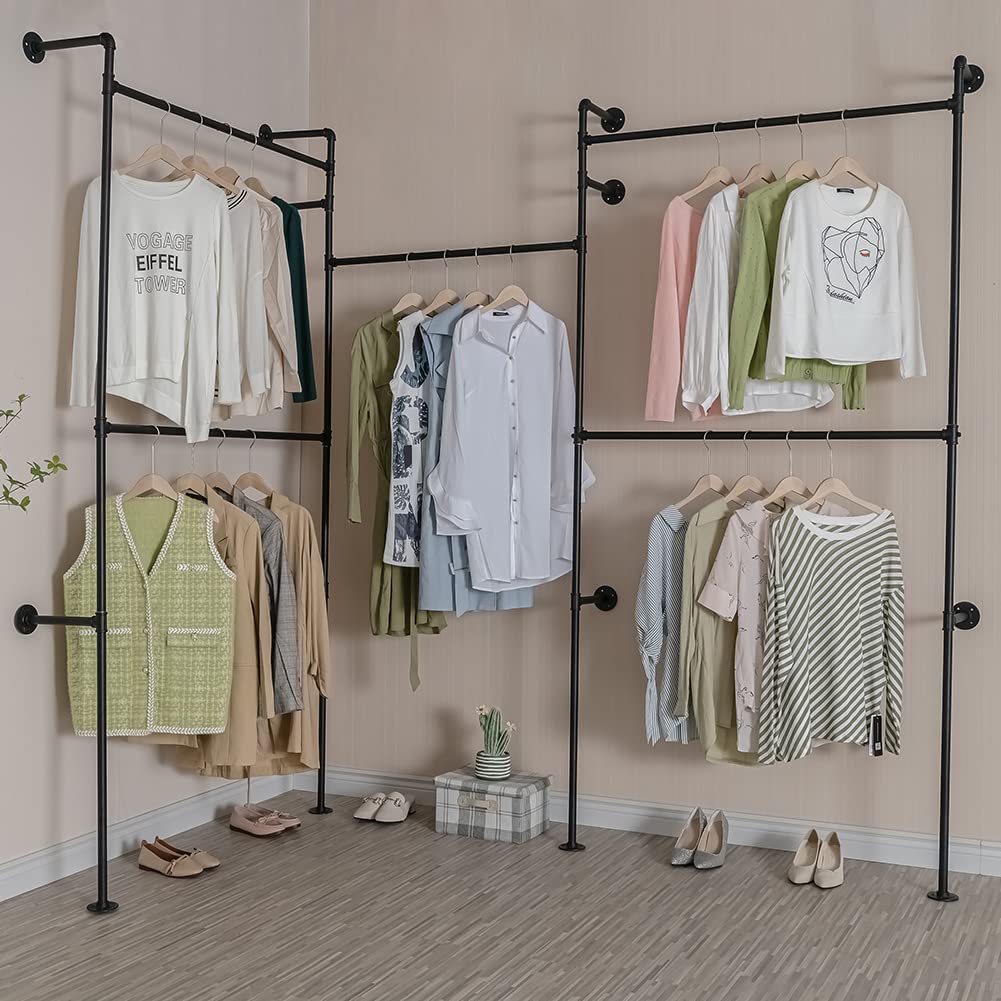 EDCB Industrial Pipe Clothes Rack, Heavy Duty Detachable Wall Mounted Black Iron Garment Bar, Clothing Store Display Stands Garment Rack Closet System (125.5 x 93.7inch)