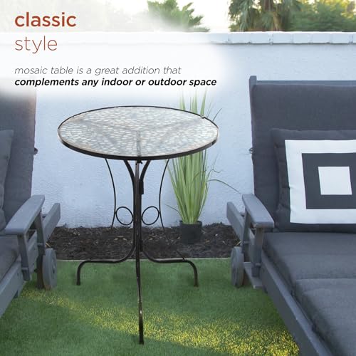 Alpine Corporation 18" Round Indoor/Outdoor Metal Decorative Table with Blue Mosaic Tile Top