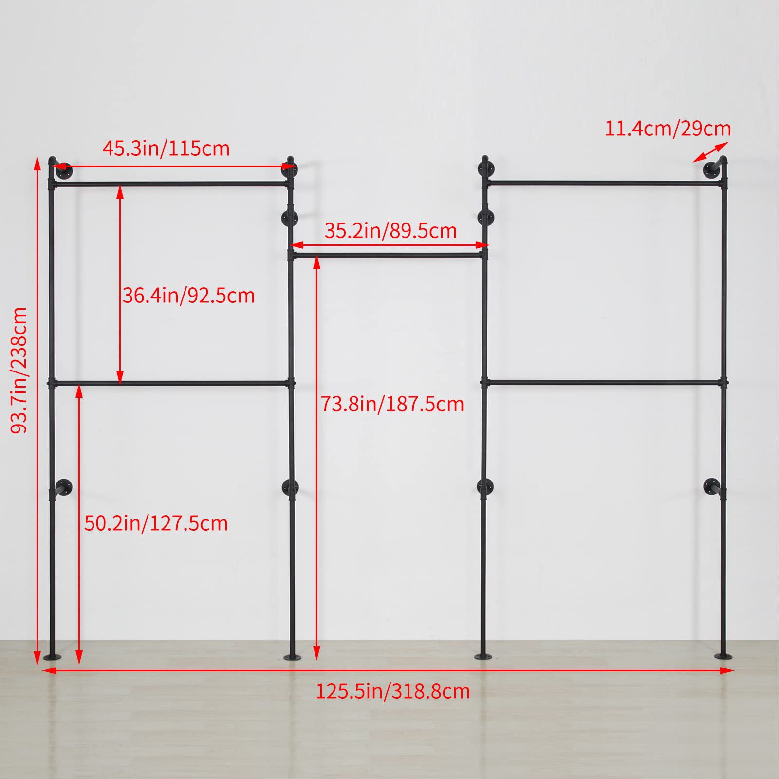 EDCB Industrial Pipe Clothes Rack, Heavy Duty Detachable Wall Mounted Black Iron Garment Bar, Clothing Store Display Stands Garment Rack Closet System (125.5 x 93.7inch)