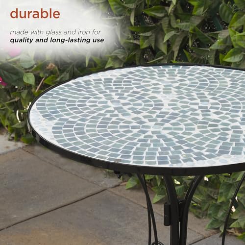 Alpine Corporation 18" Round Indoor/Outdoor Metal Decorative Table with Blue Mosaic Tile Top