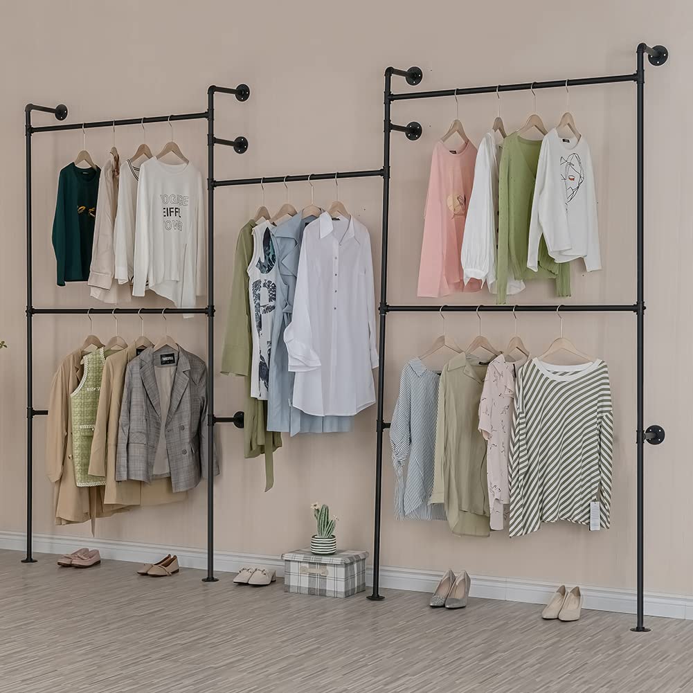 EDCB Industrial Pipe Clothes Rack, Heavy Duty Detachable Wall Mounted Black Iron Garment Bar, Clothing Store Display Stands Garment Rack Closet System (125.5 x 93.7inch)