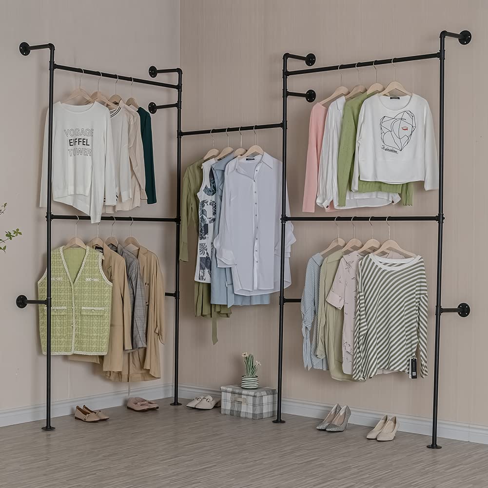 EDCB Industrial Pipe Clothes Rack, Heavy Duty Detachable Wall Mounted Black Iron Garment Bar, Clothing Store Display Stands Garment Rack Closet System (125.5 x 93.7inch)
