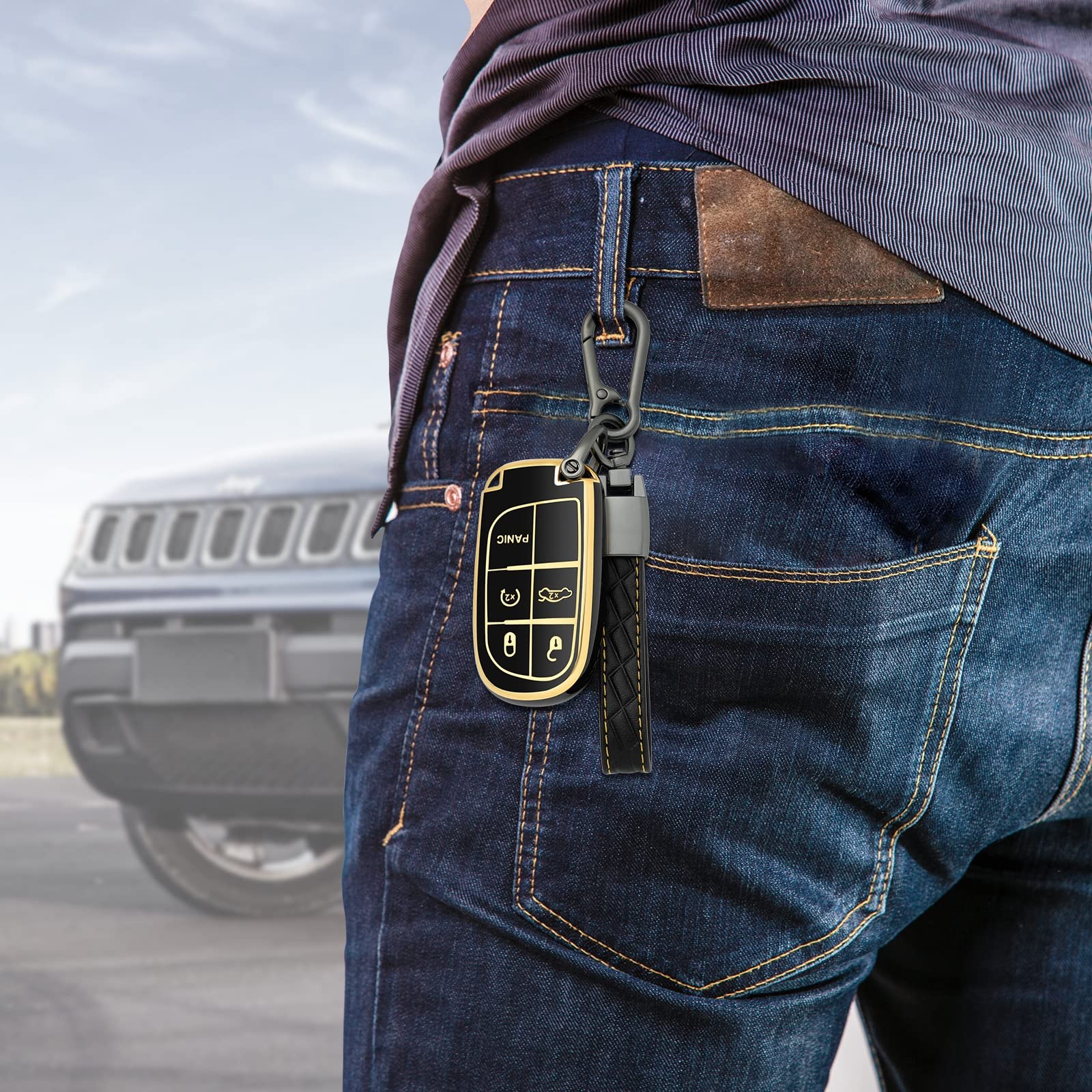 Compatible with Jeep Grand Cherokee Key Fob Cover, 3 4 5 Buttons Protector for Jeep Key Cover with Key Fob Keychain, Fit for Jeep Compass Renegade Cherokee (Jep-W)