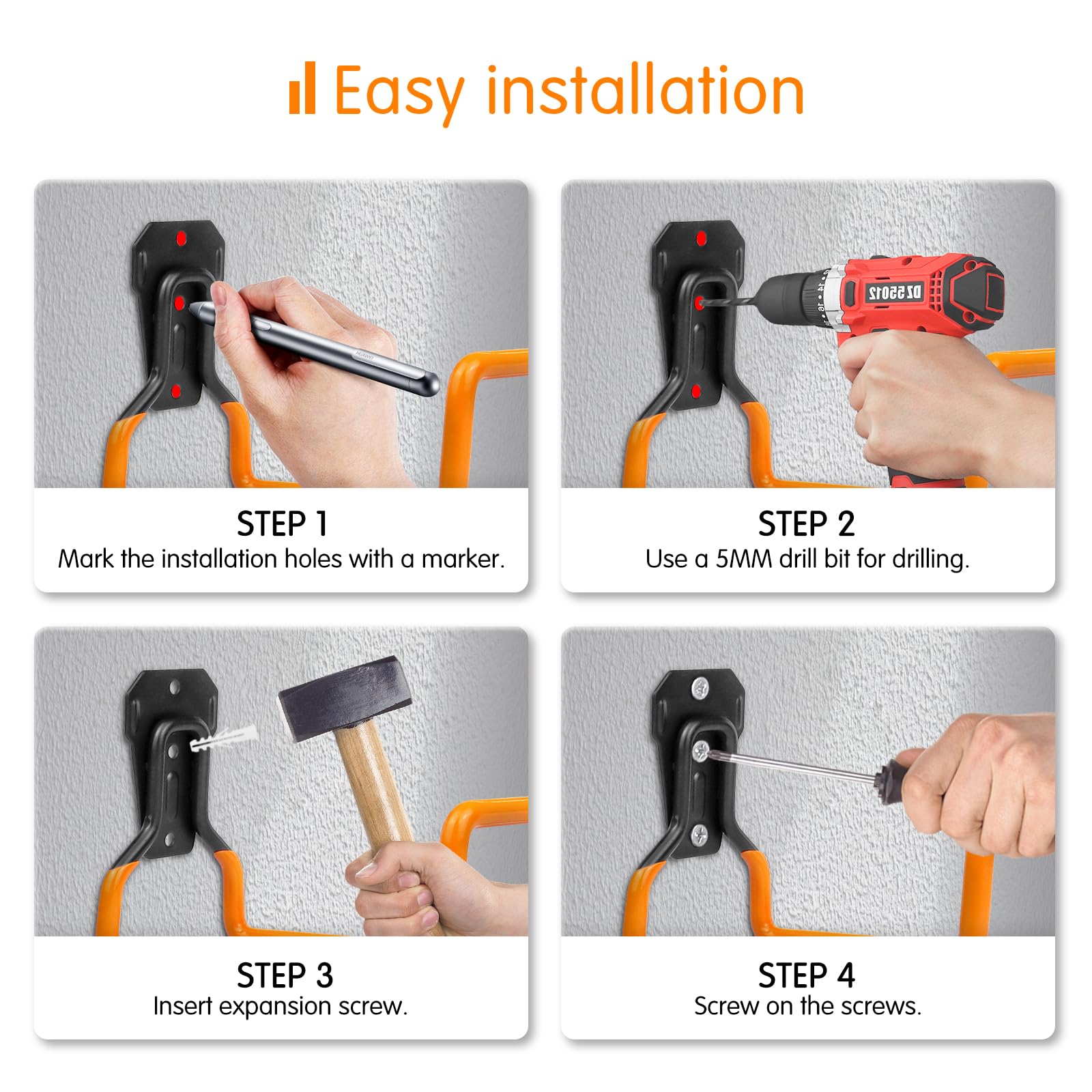 NEO-TEC Garden Hose Reel Heavy Duty Hose Holder Durable Water Hose Hook Wall Mounted w/Screw up to 100ft 1pc Orange