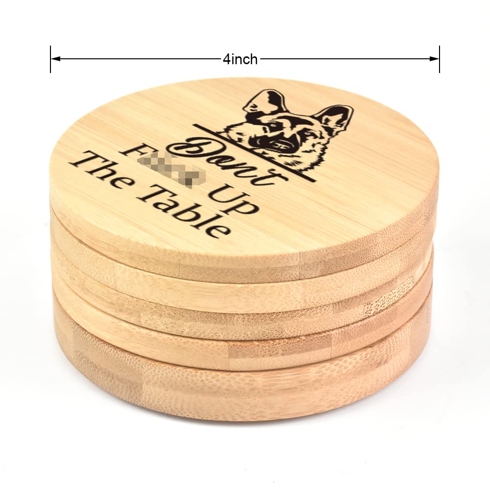 Funny Coasters for Drinks with Holder, Coasters for Coffee Table Set of 4 Coasters for Dining Table, German Shepherd Round Coasters 4" Housewarming Gifts for New House/Home - BZA055