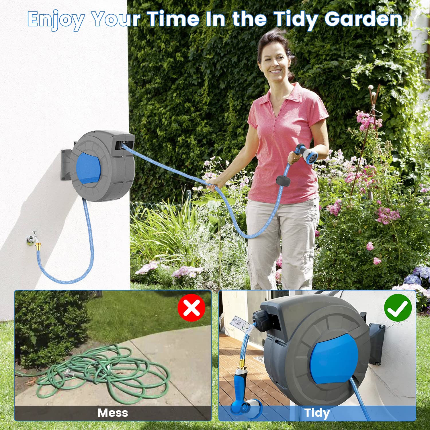 REDUCTUS Retractable Garden Hose Reel, 75ft 1/2'' Wall Mount Retractable Water Reel Automatic Rewind Lock Any Length, 180° Swivel Hose Reel Outside, 10 Pattern Hose Nozzle, A-grey
