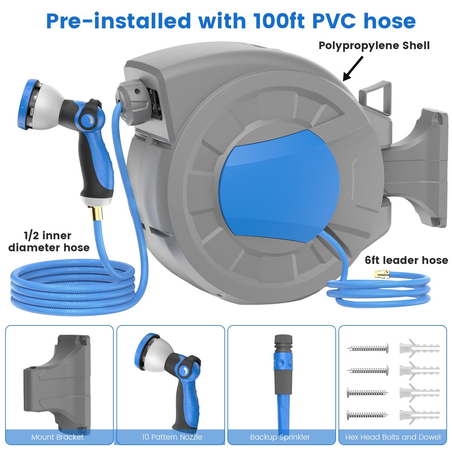 REDUCTUS Retractable Garden Hose Reel, 75ft 1/2'' Wall Mount Retractable Water Reel Automatic Rewind Lock Any Length, 180° Swivel Hose Reel Outside, 10 Pattern Hose Nozzle, A-grey