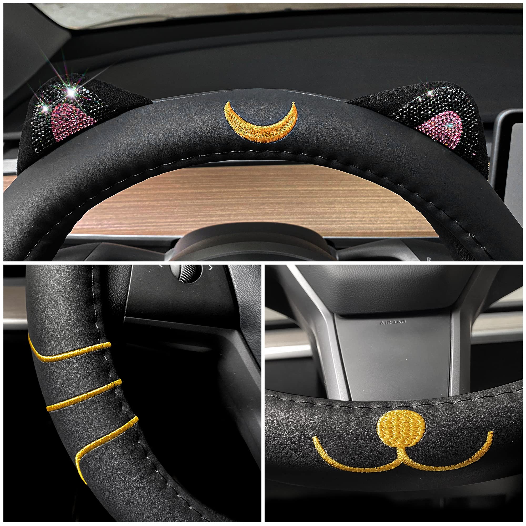 Car Leather Steering Wheel Cover with Cute Diamond Cat Ears,Bling Interior Accessories for Girls&Women'(14.5''-15'', Black)