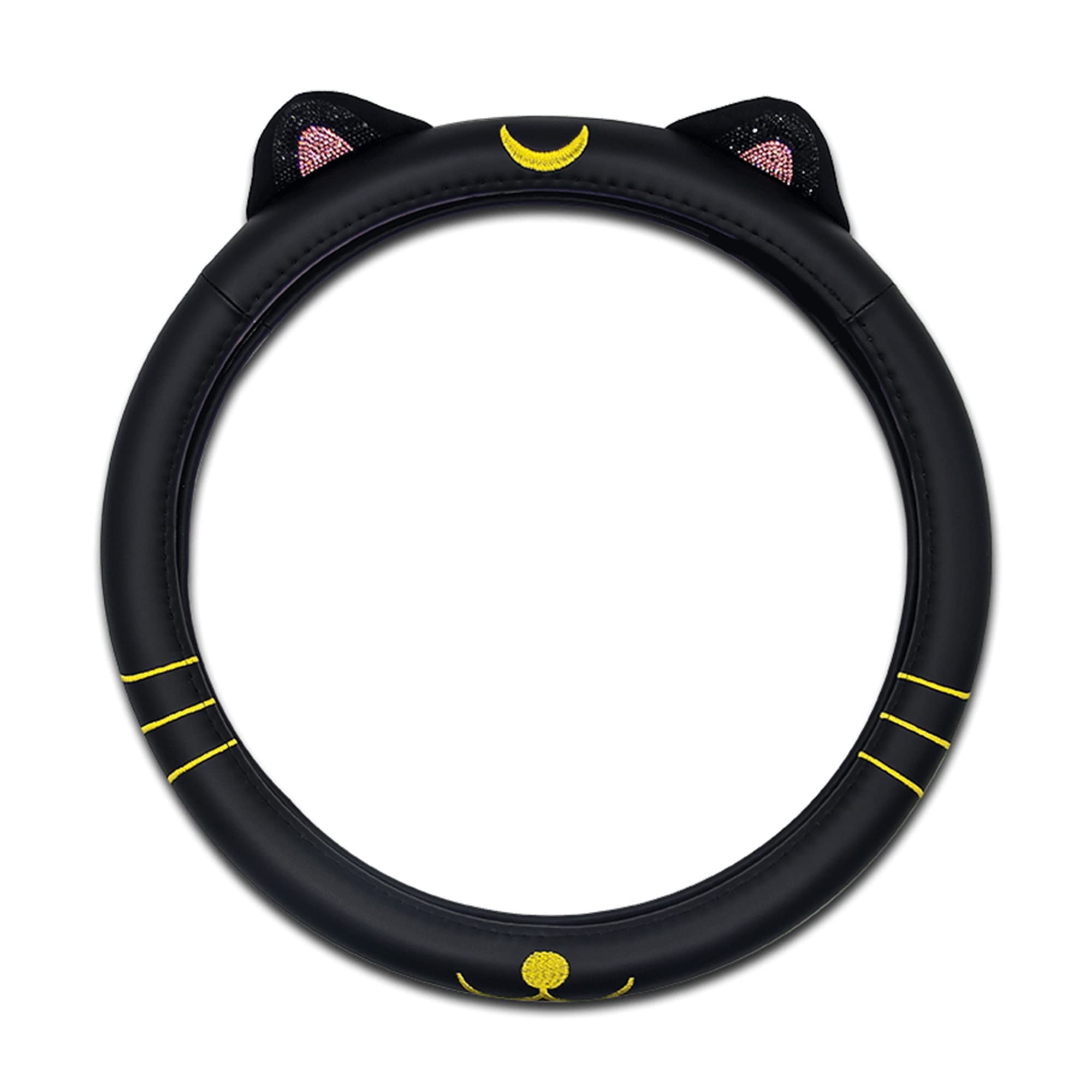 Car Leather Steering Wheel Cover with Cute Diamond Cat Ears,Bling Interior Accessories for Girls&Women'(14.5''-15'', Black)