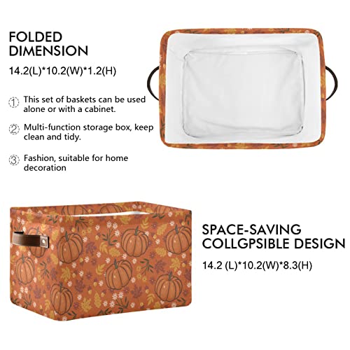 xigua Flowers Autumn Leaves and Pumpkins Foldable Canvas Storage Bin, Sturdy Fabric Storage Basket with Handles, Storage Cube Box for Organizing Shelf Nursery Toy Closet 2PCS