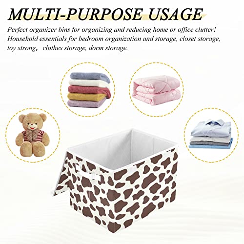 Kigai Retro Cow Print Storage Basket with Lid Collapsible Storage Bin Fabric Box Closet Organizer for Home Bedroom Office 1 Pack
