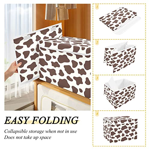 Kigai Retro Cow Print Storage Basket with Lid Collapsible Storage Bin Fabric Box Closet Organizer for Home Bedroom Office 1 Pack