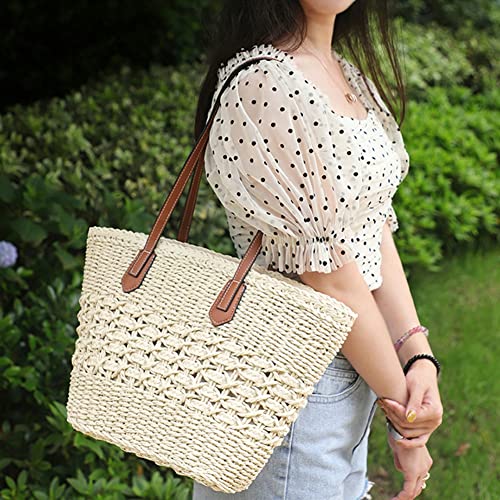 Women’s Straw Tote Bag Natural Woven Straw Beach Shoulder Bag Large Capacity Casual Handbags for Vocation