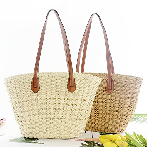 Women’s Straw Tote Bag Natural Woven Straw Beach Shoulder Bag Large Capacity Casual Handbags for Vocation