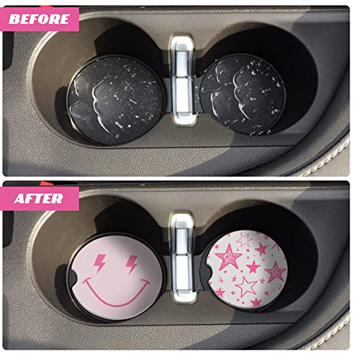Dingion 6 Pcs Preppy Car Coasters with Finger Notch Aesthetic Cork Base Absorbent Ceramic Coasters Cute Car Drinks Coasters with Anti Slip Cork Base for Auto Accessories