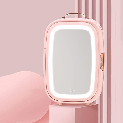 Doodran LED Mirror Beauty Mini Refrigerator for Bedroom Portable Compact Makeup Fridge to Skin Care Cosmetics Chill Perfect for Girls Woman,Pink