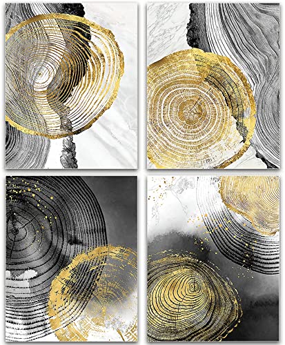 Black and Gold Annual Rings Wall Art, Tree Ring Art Prints, Retro Abstract Minimalist Annual Ring Art Canvas Painting for Living Room Bedroom Kitchen Office Wall Decor, Set of 4 (8"X10" Unframed)