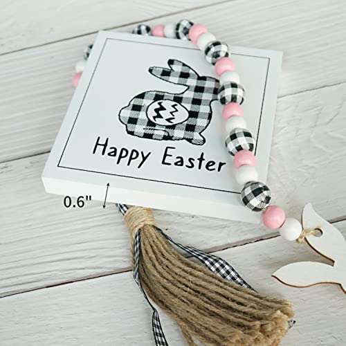 Easter Decorations, 8pcs Spring Easter Bunny Gnome Tiered Tray Decor, Buffalo Plaid Easter Gnome Plush, Black Check Carrot , 3D Easter Wood Signs, Bead Garland, Easter Farmhouse Kitchen Table Decor