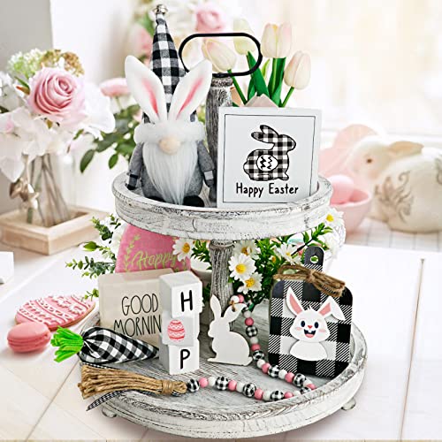 Easter Decorations, 8pcs Spring Easter Bunny Gnome Tiered Tray Decor, Buffalo Plaid Easter Gnome Plush, Black Check Carrot , 3D Easter Wood Signs, Bead Garland, Easter Farmhouse Kitchen Table Decor