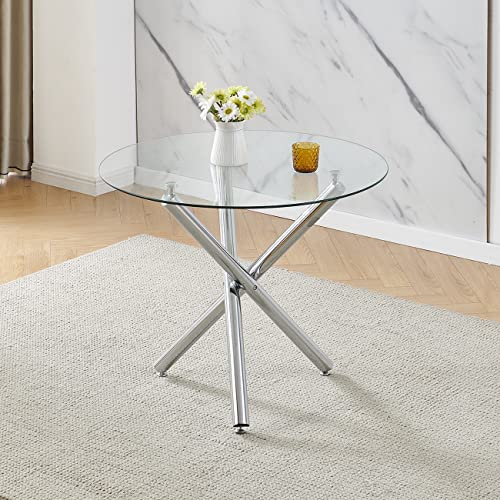 BELIFEGLORY 5 Pieces Round Clear Glass Dining Table and Velvet Chairs Set for 4 People Small Space, Modern Kitchen Dinette Table with Chairs Set of 4