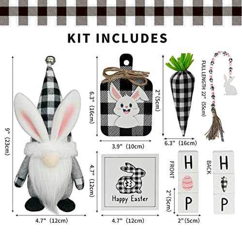 Easter Decorations, 8pcs Spring Easter Bunny Gnome Tiered Tray Decor, Buffalo Plaid Easter Gnome Plush, Black Check Carrot , 3D Easter Wood Signs, Bead Garland, Easter Farmhouse Kitchen Table Decor