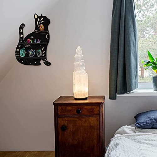Migno Cat Moon Shelf,Rustic Wooden Black Cat Display Shelf | Wall Mounted Crystal Display Shelf Decorative Crystal Organizer for Living Room Yoga Room