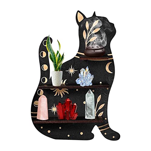 Migno Cat Moon Shelf,Rustic Wooden Black Cat Display Shelf | Wall Mounted Crystal Display Shelf Decorative Crystal Organizer for Living Room Yoga Room