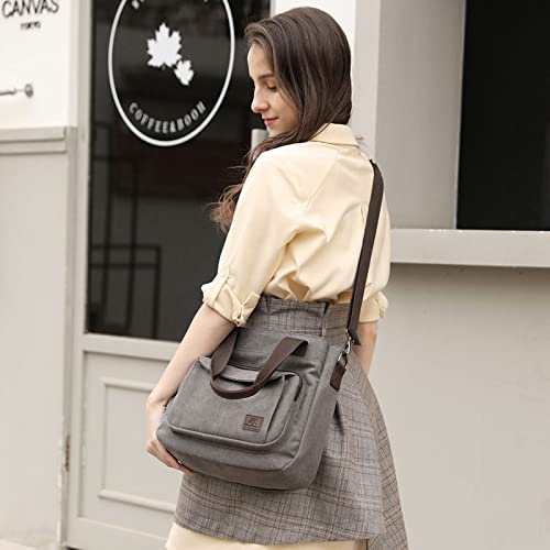 Ashioup Women's Canvas Tote Purse Shoulder Bag Retro Handbag Crossbody Bag Multi-pocket Top Handle Work Bag
