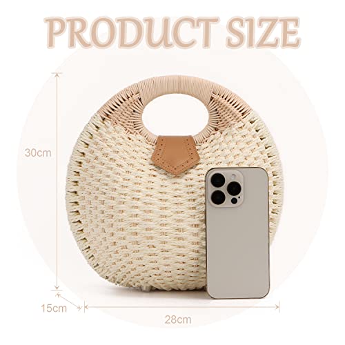 Ynport Straw Purses for Women Summer Beach Rattan Tote Bag Round Handle Ring Handbag Retro Handmade Woven Shell Bag