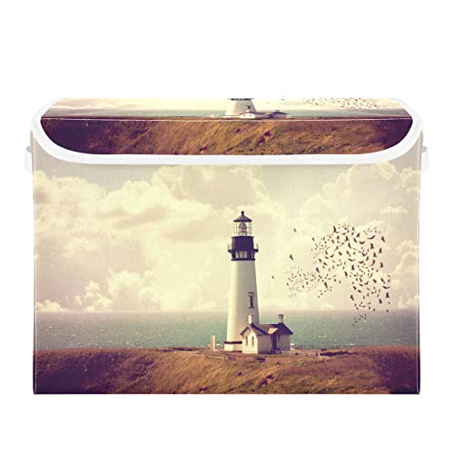 Kigai Old White Lighthouse Storage Basket with Lid Collapsible Storage Bin Fabric Box Closet Organizer for Home Bedroom Office 1 Pack