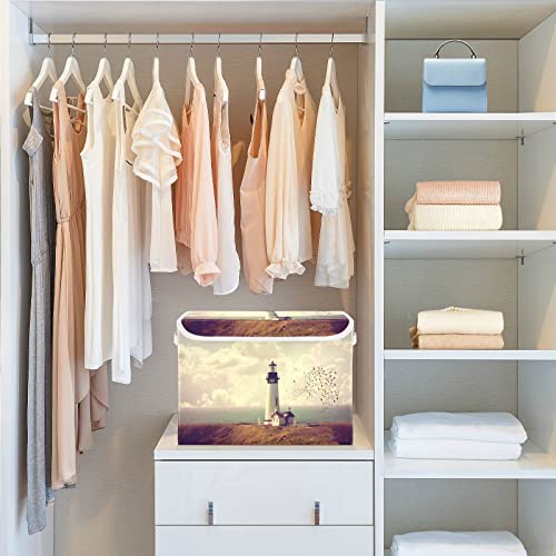 Kigai Old White Lighthouse Storage Basket with Lid Collapsible Storage Bin Fabric Box Closet Organizer for Home Bedroom Office 1 Pack