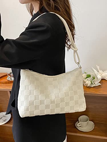 SweatyRocks Women's Hobo Purse Checkered Zip Up Shoulder Bag Casual Handbag Beige S