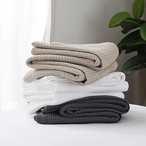 Waffle Blanket Queen 100% Cotton Bed Blanket,380 GSM Waffle Weave Throw Blanket for All Seasons, Pre-Washed and Anti-Shrinkage Soft Lightweight Blanket for Bed, Sofa (Khaki,90x90)