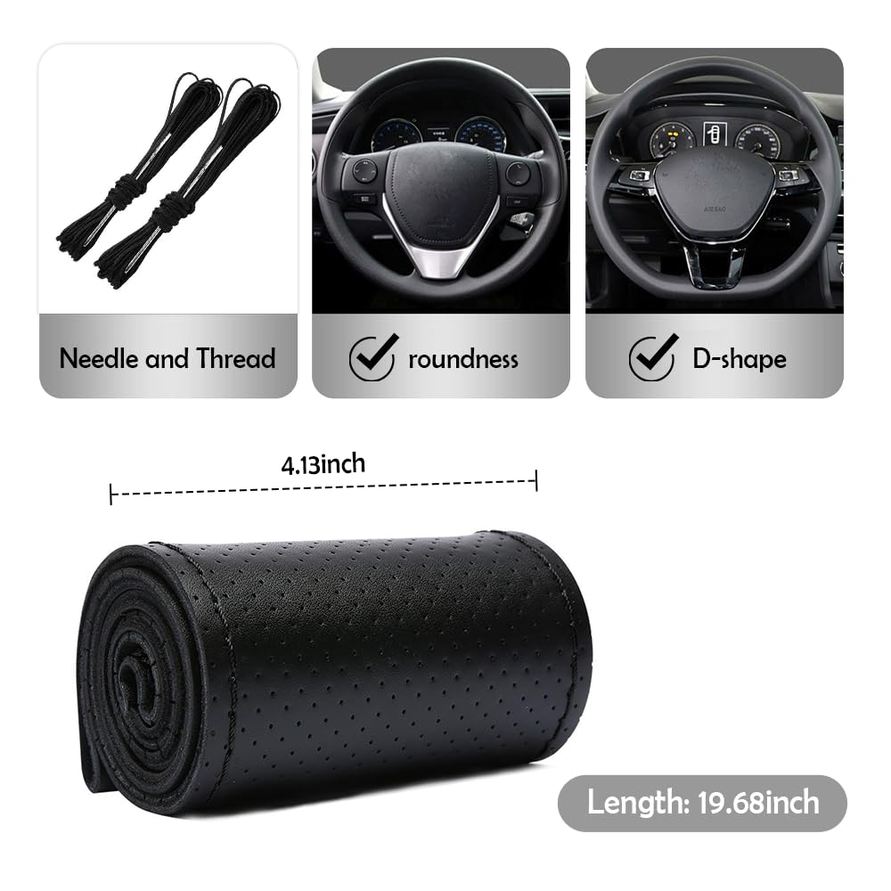 Car Stitch Steering Wheel Cover,Leather Steering Wheel Wrap with Needle and Thread,Anti Slip DIY Kit Steering Wheel Cover Men & Women for Car Interior Decoration (Black)