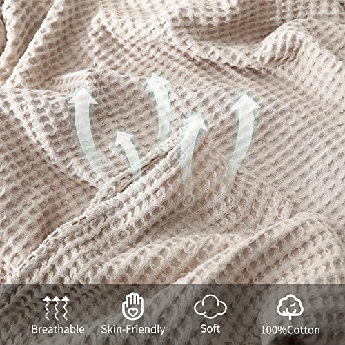 Waffle Blanket Queen 100% Cotton Bed Blanket,380 GSM Waffle Weave Throw Blanket for All Seasons, Pre-Washed and Anti-Shrinkage Soft Lightweight Blanket for Bed, Sofa (Khaki,90x90)