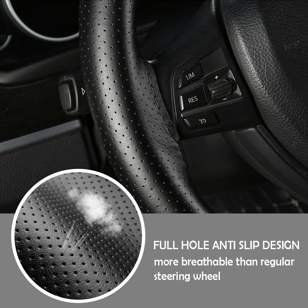 Car Stitch Steering Wheel Cover,Leather Steering Wheel Wrap with Needle and Thread,Anti Slip DIY Kit Steering Wheel Cover Men & Women for Car Interior Decoration (Black)