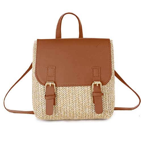 Women's Straw Woven PU Leather Backpack Bobo Beach Backpack Elegant Small Backpack Holiday Daypack Shopping Dating Bag
