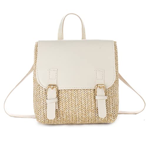 Women's Straw Woven PU Leather Backpack Bobo Beach Backpack Elegant Small Backpack Holiday Daypack Shopping Dating Bag
