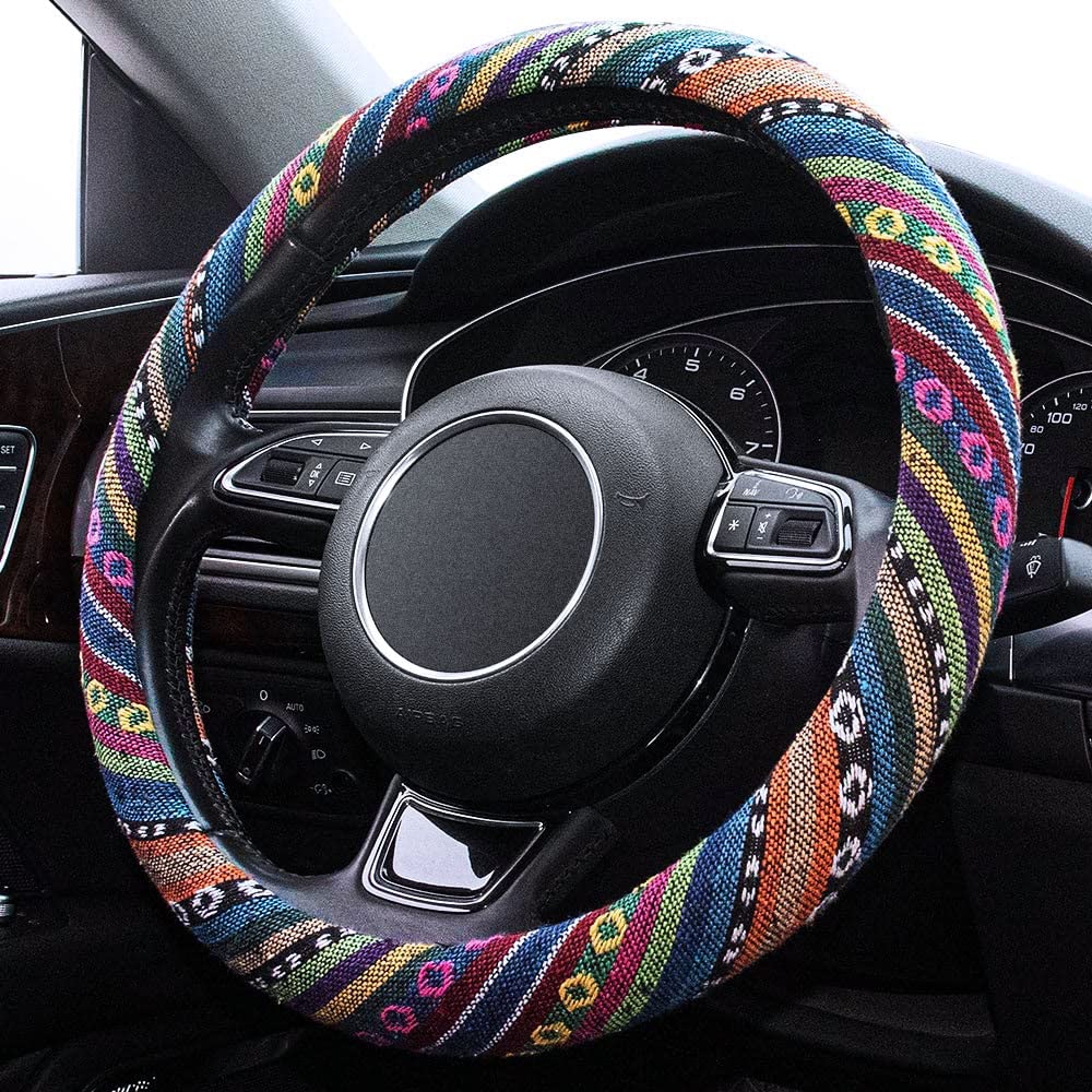Limsas Boho Steering Wheel Cover Elastic Microfiber for Women, Universal Fit 15 inch Car SUV, Hippie Style Protector Cover, Anti-Slip, Breathable, Absorbing Sweat - 01