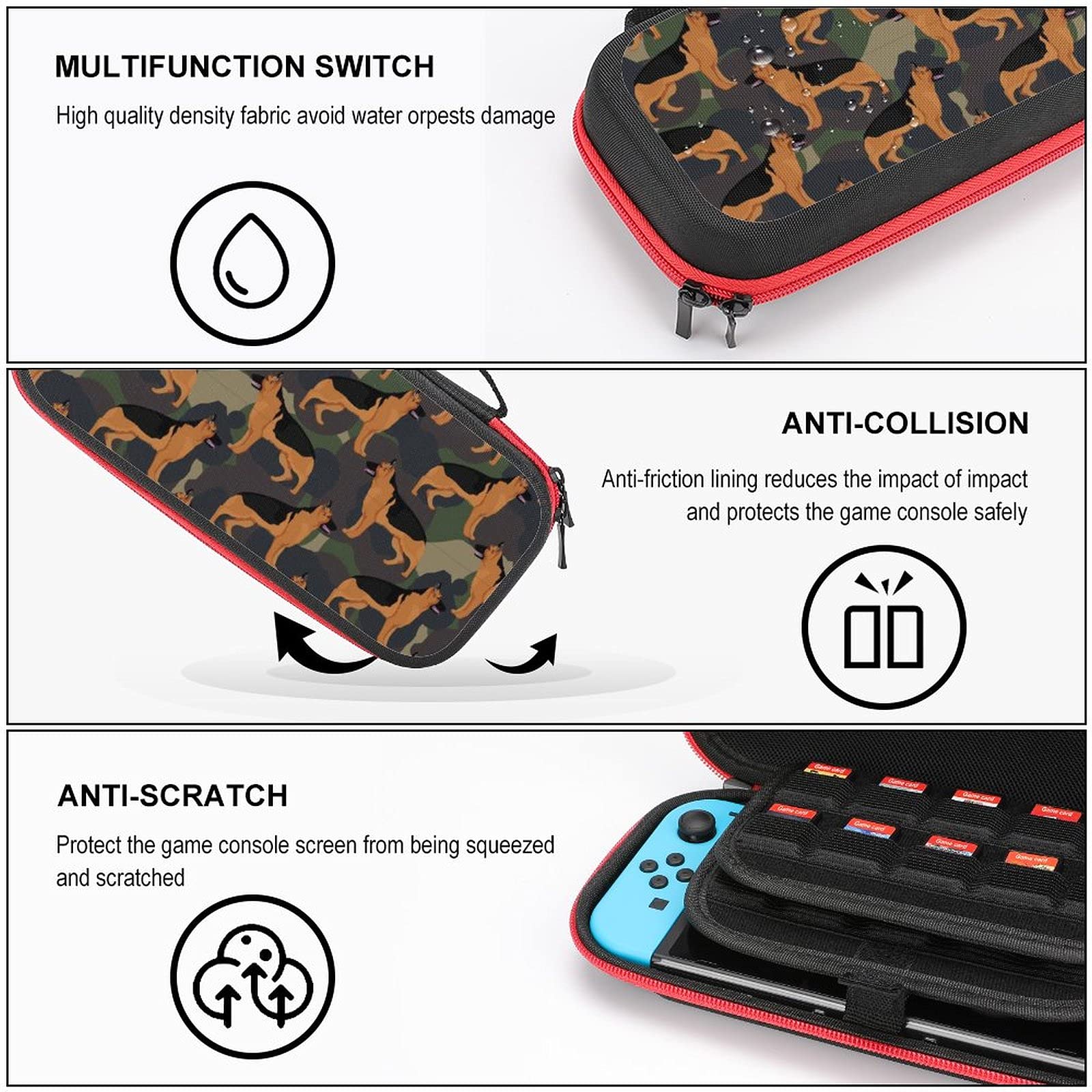 German Shepherd on Camouflage Travel Carrying Case Tote Bag For Nintendo Switch Accessories Holds 20 Game Card Bag