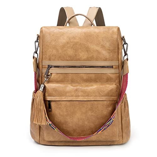 PINCNEL Backpack Purse for Women – Fashion Womens PU Leather Backpack – Anti-Theft Backpack Shoulder Bag with Multifunctional Pockets – Women Backpack Purse for Traveling, School, Office (Khaki)