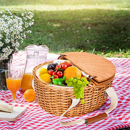 Picnic Basket Set for 2 with Insulated Cooler Bag and Cutlery Service Kits, Wooden Lids & Handles Willow Picnic Hamper Basket W/Lining for Camping, Party, Wedding, Halloween, Christmas (White)