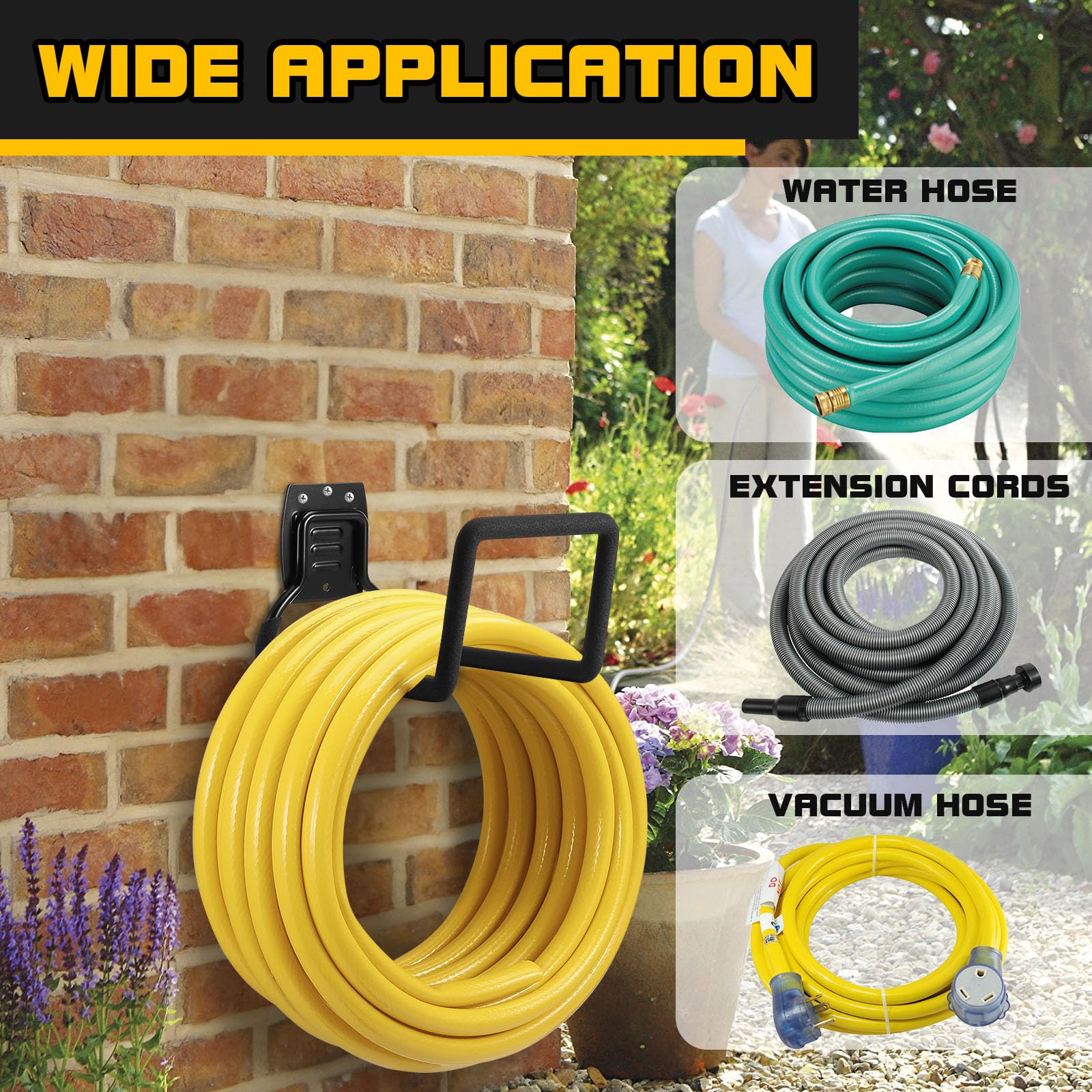 QMSK Water Garden Hose Holder, Metal Wall Mounted Water Hose Reel for Outside, Durable Hook Stand for Garden Hose Storage, Water Hose, Extension Cords, Flexable Hose Use (2Pack)