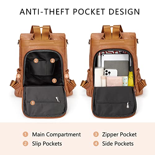 PINCNEL Backpack Purse for Women β Fashion Womens PU Leather Backpack β Anti-Theft Backpack Shoulder Bag with Multifunctional Pockets β Women Backpack Purse for Traveling, School, Office (Khaki)