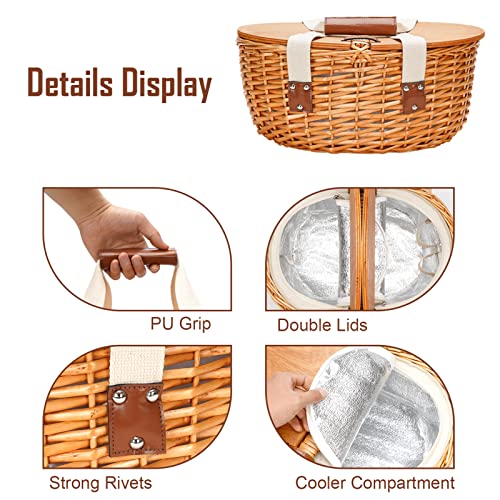 Picnic Basket Set for 2 with Insulated Cooler Bag and Cutlery Service Kits, Wooden Lids & Handles Willow Picnic Hamper Basket W/Lining for Camping, Party, Wedding, Halloween, Christmas (White)