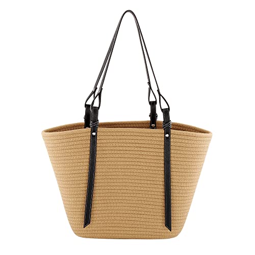 Ayliss Women Large Beach Tote Shoulder Handbag Summer Beach Cotton Crochet Handwoven Weaving Shoulder Purse Bag (Khaki)