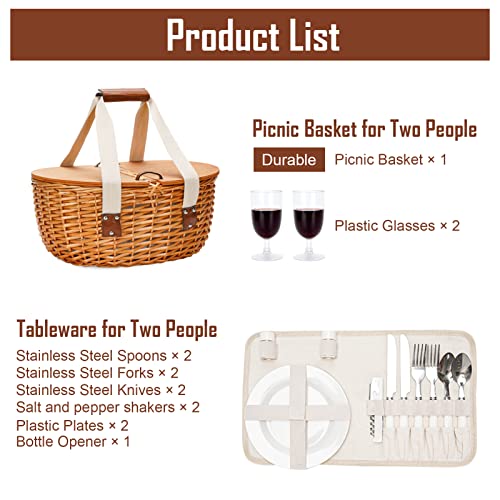 Picnic Basket Set for 2 with Insulated Cooler Bag and Cutlery Service Kits, Wooden Lids & Handles Willow Picnic Hamper Basket W/Lining for Camping, Party, Wedding, Halloween, Christmas (White)