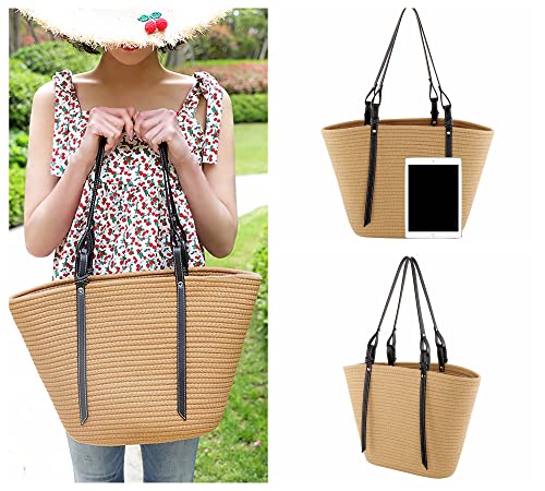Ayliss Women Large Beach Tote Shoulder Handbag Summer Beach Cotton Crochet Handwoven Weaving Shoulder Purse Bag (Khaki)