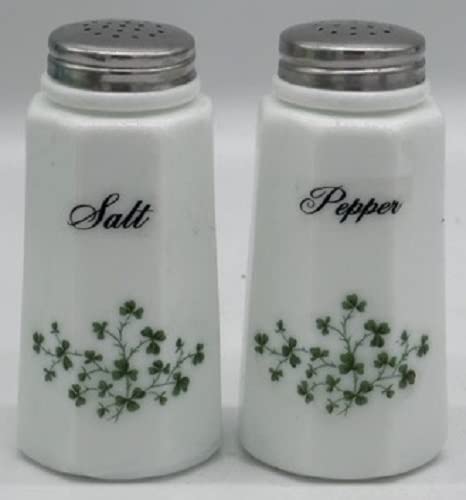 Milk Glass Salt & Pepper Shaker Set w/Shamrocks - Paneled Pattern - USA
