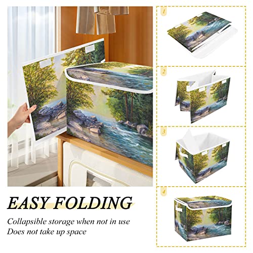 KEEPREAL Summer Forest Oil Painting Storage Basket Bin with lid, Large Cube Storage Box Collapsible Storage Organizer for Home Office Closet - 16.5 L x 12.6 W x 11.8 H